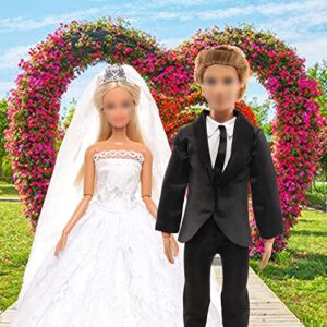 4 Pack Doll Wedding Set 1 White Bride Wedding with Veil for 11.5 Inch Girl Doll 1 Black Groom Suit Clothes for 12 Inch Boy Doll 2 Pairs of Shoes for Dolls