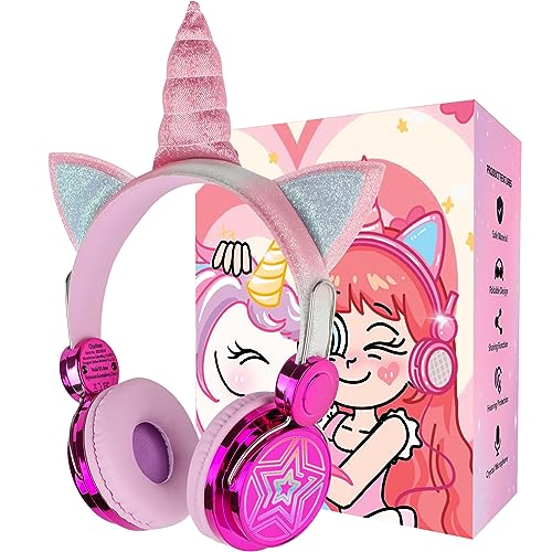 charlxee 𝟐𝟎𝟐𝟑 𝐍𝐞𝐰 Unicorns Kids Wireless Headphones with LED Lights,Headsets with Mic for School,30H Playtime,95dB Volume Limited,HD Stereo On/Over Ear Headsets,Unicorns Gifts(Hot-Pink)