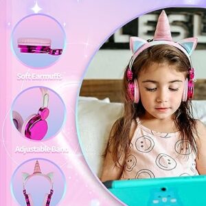 charlxee 𝟐𝟎𝟐𝟑 𝐍𝐞𝐰 Unicorns Kids Wireless Headphones with LED Lights,Headsets with Mic for School,30H Playtime,95dB Volume Limited,HD Stereo On/Over Ear Headsets,Unicorns Gifts(Hot-Pink)