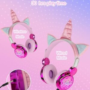 charlxee 𝟐𝟎𝟐𝟑 𝐍𝐞𝐰 Unicorns Kids Wireless Headphones with LED Lights,Headsets with Mic for School,30H Playtime,95dB Volume Limited,HD Stereo On/Over Ear Headsets,Unicorns Gifts(Hot-Pink)