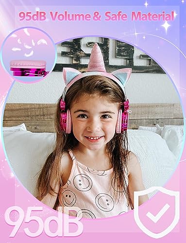 charlxee 𝟐𝟎𝟐𝟑 𝐍𝐞𝐰 Unicorns Kids Wireless Headphones with LED Lights,Headsets with Mic for School,30H Playtime,95dB Volume Limited,HD Stereo On/Over Ear Headsets,Unicorns Gifts(Hot-Pink)