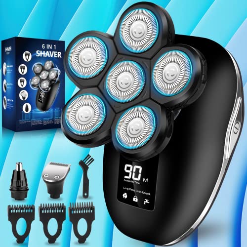 Electric Head Shaver for Bald Men, Upgrade 6 in 1 Mens Electric Head Razor Bald Head Shaver Cordless Electric Razor Men, IPX7 Wet/Dry Waterproof Skull Shaver with Head Shaver Kit LED Display(Silver)