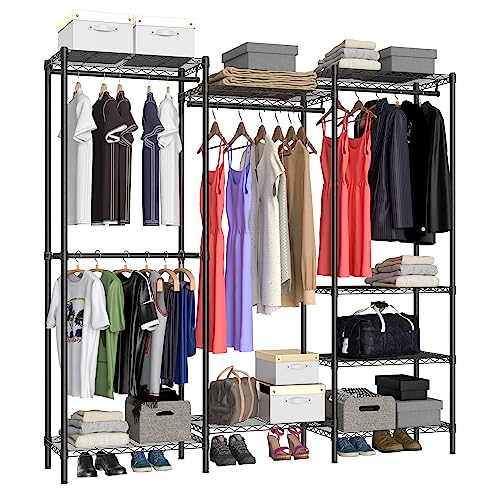 Serxis Portable Closet Heavy Duty Clothes Rack, Freestanding Clothing Rack, Metal Garment Rack,Adjustable Custom Closet Rack, 68.5" L x 13.8" W x 75.2" H, Max Load 800LBS, Medium(Black)