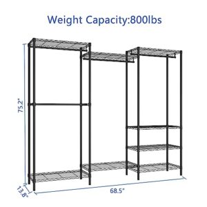 Serxis Portable Closet Heavy Duty Clothes Rack, Freestanding Clothing Rack, Metal Garment Rack,Adjustable Custom Closet Rack, 68.5" L x 13.8" W x 75.2" H, Max Load 800LBS, Medium(Black)