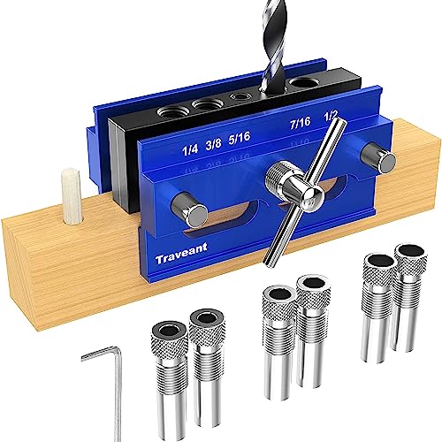 TRAVEANT Self Centering Dowel Jig kit, Drill Guide Bushings Set, Wood Working Tools Drill and Accessories, Adjustable Width Drilling Guide Power Tool Accessory Jigs (Klein Blue)