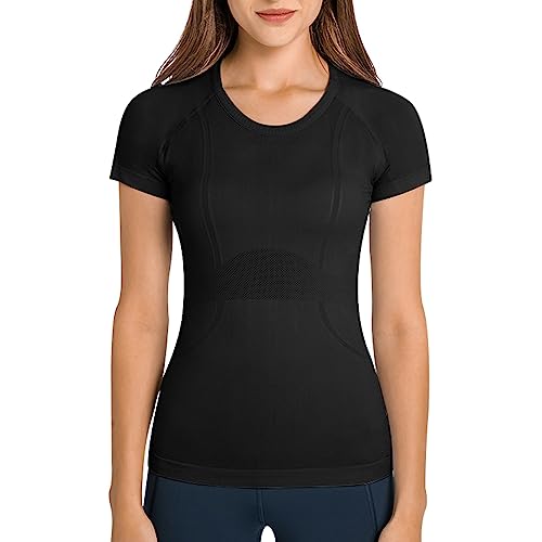 Workout Shirts for Women Short Sleeve Seamless Yoga Top Sports Running Shirt Breathable Gym Athletic Tops Slim Fit Black