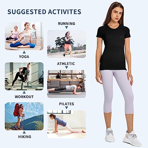 Workout Shirts for Women Short Sleeve Seamless Yoga Top Sports Running Shirt Breathable Gym Athletic Tops Slim Fit Black