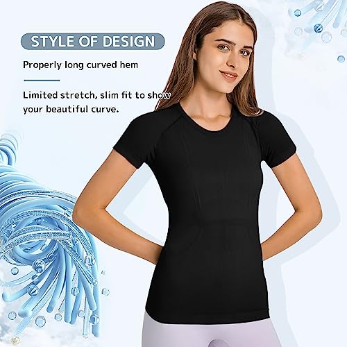 Workout Shirts for Women Short Sleeve Seamless Yoga Top Sports Running Shirt Breathable Gym Athletic Tops Slim Fit Black