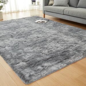 jkmax fluffy shag rugs for living room，tie-dyed light grey soft plush fuzzy 5x7 area rugs for bedroom nursery girls boys & kids room decor，upgrade anti-skid large carpet for home decor aesthetic