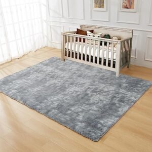 JKMAX Fluffy Shag Rugs for Living Room，Tie-Dyed Light Grey Soft Plush Fuzzy 5x7 Area Rugs for Bedroom Nursery Girls Boys & Kids Room Decor，Upgrade Anti-Skid Large Carpet for Home Decor Aesthetic