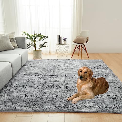 JKMAX Fluffy Shag Rugs for Living Room，Tie-Dyed Light Grey Soft Plush Fuzzy 5x7 Area Rugs for Bedroom Nursery Girls Boys & Kids Room Decor，Upgrade Anti-Skid Large Carpet for Home Decor Aesthetic