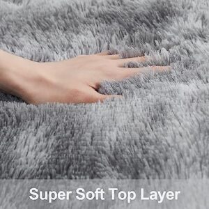 JKMAX Fluffy Shag Rugs for Living Room，Tie-Dyed Light Grey Soft Plush Fuzzy 5x7 Area Rugs for Bedroom Nursery Girls Boys & Kids Room Decor，Upgrade Anti-Skid Large Carpet for Home Decor Aesthetic