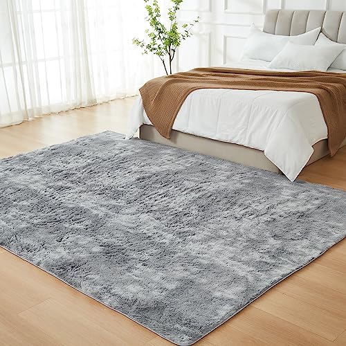 JKMAX Fluffy Shag Rugs for Living Room，Tie-Dyed Light Grey Soft Plush Fuzzy 5x7 Area Rugs for Bedroom Nursery Girls Boys & Kids Room Decor，Upgrade Anti-Skid Large Carpet for Home Decor Aesthetic