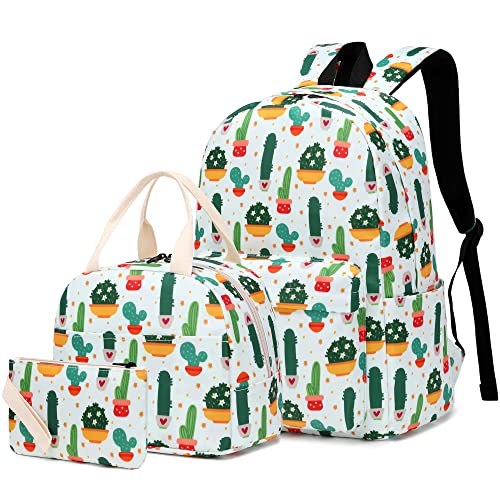 Yusudan Cactus Girls School Backpack, 3 in 1 Set Kids Teens School Bag Bookbag with Lunch Bag Pencil Case