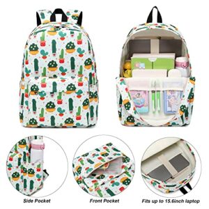 Yusudan Cactus Girls School Backpack, 3 in 1 Set Kids Teens School Bag Bookbag with Lunch Bag Pencil Case