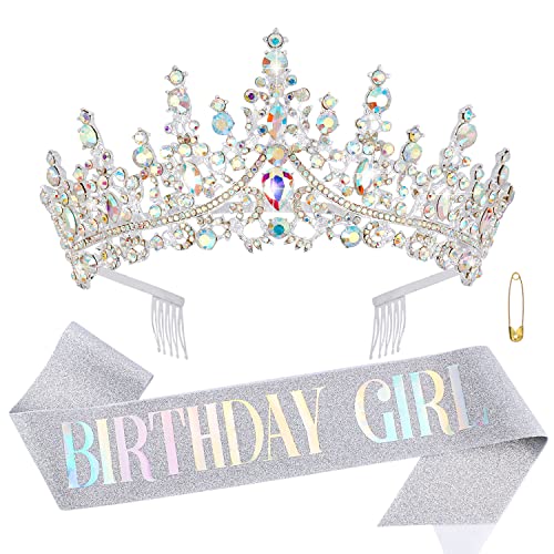 Chanaco Birthday Sash Birthday Crowns for Women Birthday Girl Sash Birthday Girl Crown Silver Birthday Tiara Happy Birthday Decorations for Women Birthday Party Suppliers Gifts