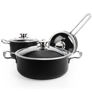 stainless steel cookware set, black 6-piece pot set, kitchen cookware sets with glass lids, stay-cool handle, oven safe, works with induction, electric and gas cooktops