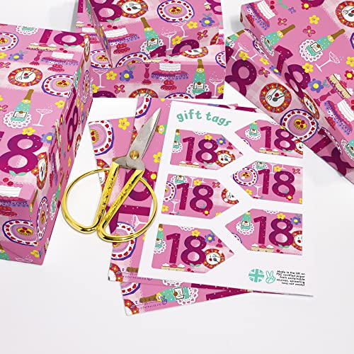 CENTRAL 23 Birthday Wrapping Paper For Women - 18th Birthday - 6 Sheets of Pink Gift Wrap - Birthday Drinks - Flower - For Girls Her Friends - Age 18 - Recyclable