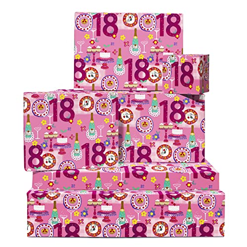 CENTRAL 23 Birthday Wrapping Paper For Women - 18th Birthday - 6 Sheets of Pink Gift Wrap - Birthday Drinks - Flower - For Girls Her Friends - Age 18 - Recyclable