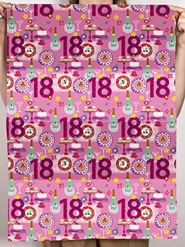 CENTRAL 23 Birthday Wrapping Paper For Women - 18th Birthday - 6 Sheets of Pink Gift Wrap - Birthday Drinks - Flower - For Girls Her Friends - Age 18 - Recyclable