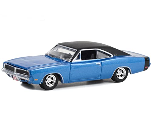 1969 Charger Blue Metallic with Black Vinyl Top and Tail Stripe (Lot #465.1) Barrett Jackson Series 11 1/64 Diecast Model Car by Greenlight 37270 B