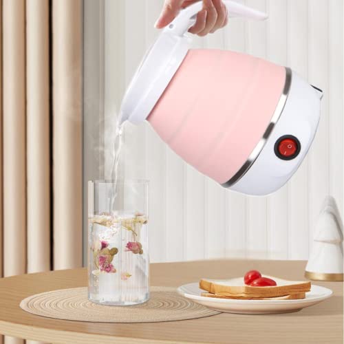 Travel Collapsible Electric Kettle with Collapsible Cup - Portable Foldable Small Electric Kettle with Quick Boiling Water Tech, BPA Free, 110V Voltage, US Plug, 600ML (Pink & Pink)