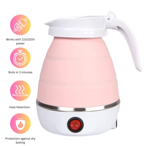 Travel Collapsible Electric Kettle with Collapsible Cup - Portable Foldable Small Electric Kettle with Quick Boiling Water Tech, BPA Free, 110V Voltage, US Plug, 600ML (Pink & Pink)