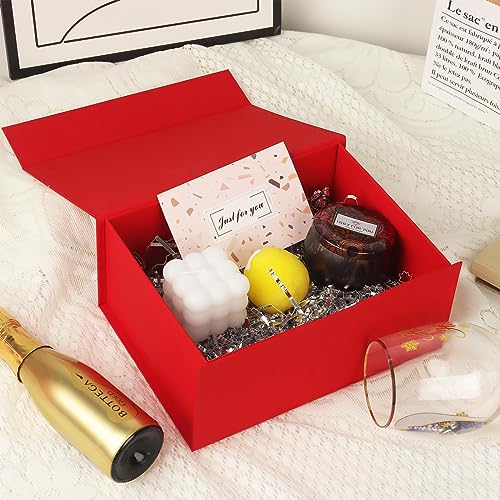 Gift Box with Magnetic Closure Lids for Presents, 8.7x6.7x4 Inch Luxury Collapsible Red Gift Boxes with Ribbon Card for Birthday Party Bridesmaid Valentine Christmas, FSC & BRC Certified Material