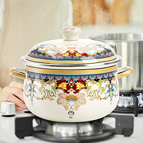 ZENFUN Kitchen Enamel Stockpot with Lid, 3.5 Quart Retro Flower Stew Bean Cooking Pot, Vintage Thicken Soup Pot with Handles, Nonstick, Safe for Induction Cookers, Gas Stove