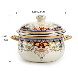 ZENFUN Kitchen Enamel Stockpot with Lid, 3.5 Quart Retro Flower Stew Bean Cooking Pot, Vintage Thicken Soup Pot with Handles, Nonstick, Safe for Induction Cookers, Gas Stove