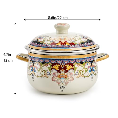 ZENFUN Kitchen Enamel Stockpot with Lid, 3.5 Quart Retro Flower Stew Bean Cooking Pot, Vintage Thicken Soup Pot with Handles, Nonstick, Safe for Induction Cookers, Gas Stove