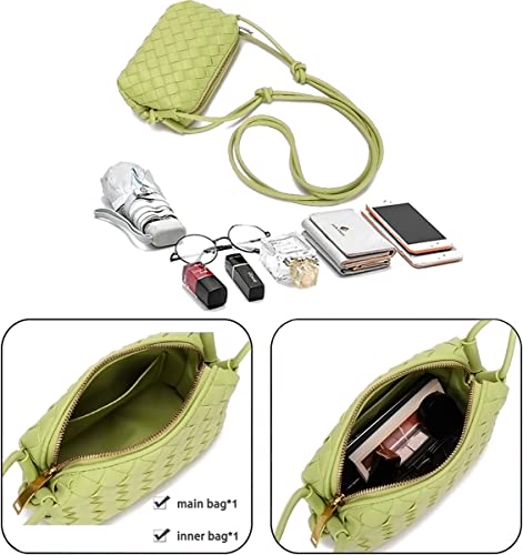 Woven Crossbody Bags for Women，Fashion Leather Lightweight Handbags Shoulder Bag Phone Wallet Purse Stylish Ladies Messenger Bags，Lime Green