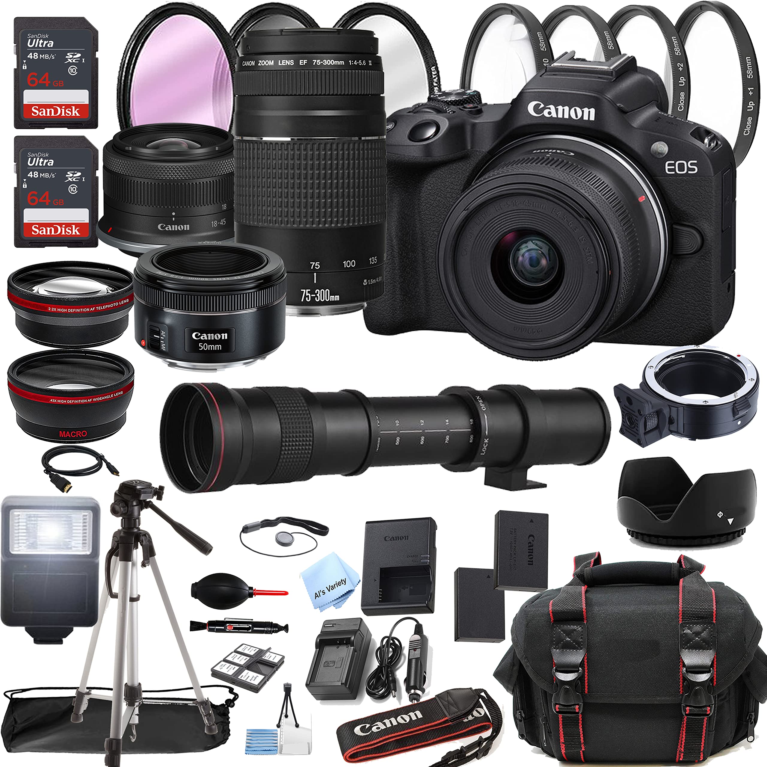 Canon EOS R50 Mirrorless Digital Camera with RF-S 18-45mm is STM Lens + 75-300mm Lens + 50mm STM Lens + 420-800mm Super Telephoto Lens + 128GB Memory + Case + Tripod + Filters (45pc Bundle)