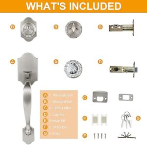 newliplace Front Door Handle with Single Cylinder Deadbolt and Crystal Glass Knob, Adjustable Front Door Lock Set Brushed Nickel Entrance Handleset with Lock