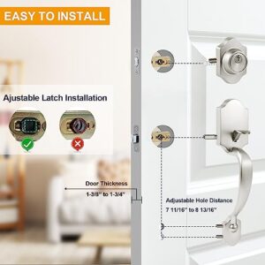 newliplace Front Door Handle with Single Cylinder Deadbolt and Crystal Glass Knob, Adjustable Front Door Lock Set Brushed Nickel Entrance Handleset with Lock