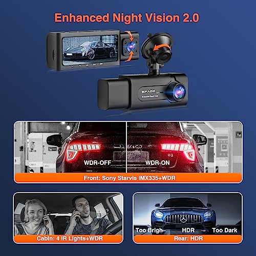 SPADE 3 Channel Dash Cam Front and Rear Inside, 1080P Full HD Dash Camera for Cars, Free 32GB SD Card, 170° Wide Angle, 3.16”IPS Screen, Night Vision, WDR, 24H Parking Mode