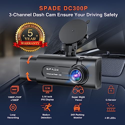 SPADE 3 Channel Dash Cam Front and Rear Inside, 1080P Full HD Dash Camera for Cars, Free 32GB SD Card, 170° Wide Angle, 3.16”IPS Screen, Night Vision, WDR, 24H Parking Mode