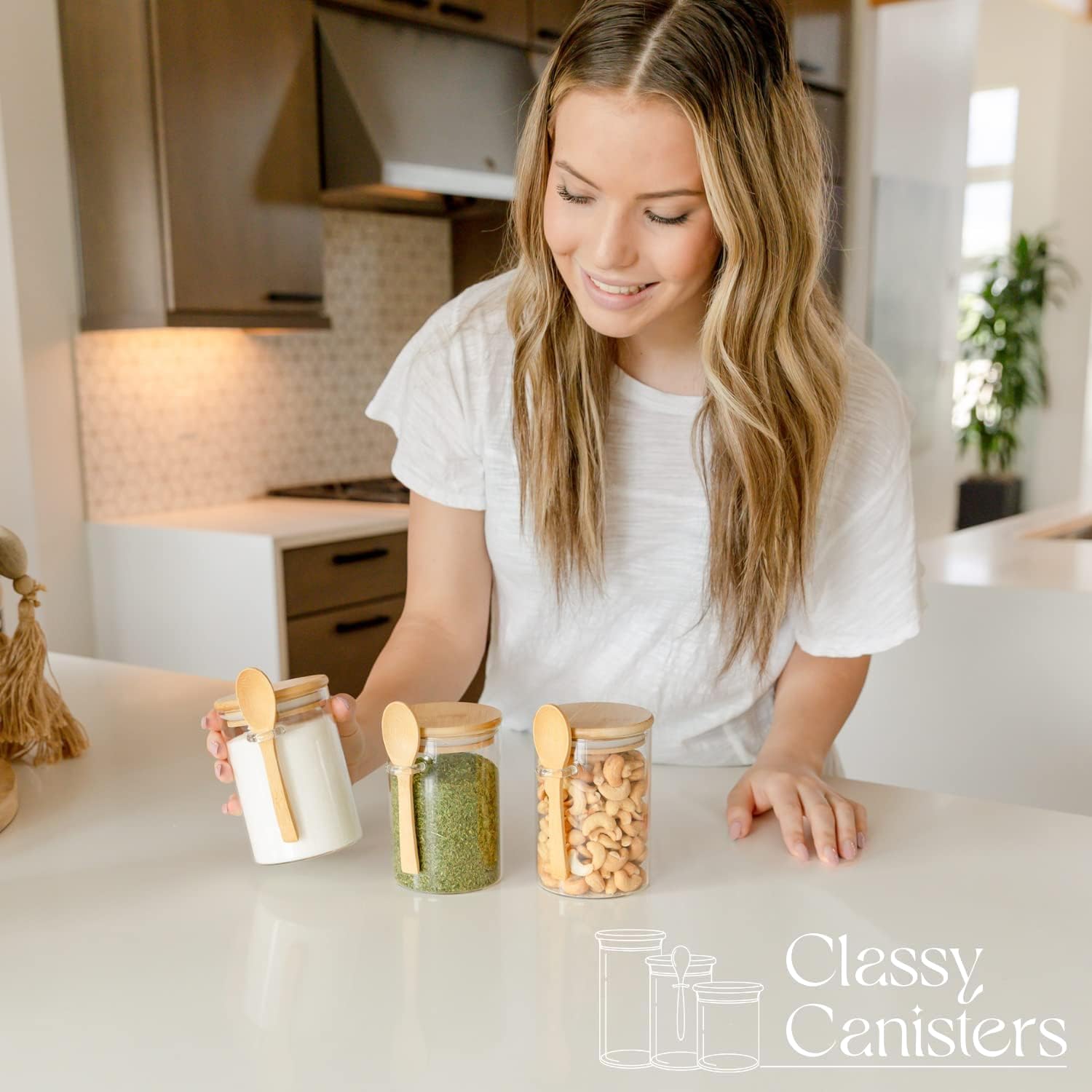 Set of 4 Airtight Glass Jars with Bamboo Lids & Bamboo Spoons - Decorative & Durable 17-Oz Borosilicate Glass Canisters Hold Coffee Beans, Tea, Flour, Sugar, Nuts, Candy, Bath Salts & More