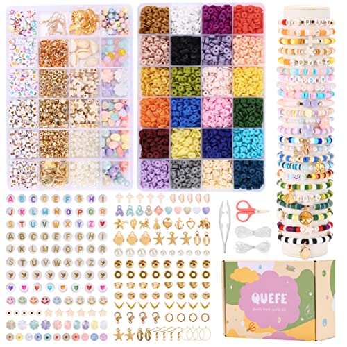 QUEFE 6000pcs Clay Beads for Jewelry Making, 24 Colors Flat Heishi Clay Beads for Bracelet Necklace Earring Making, Boho Craft Kit for Adults and Fashion Icon