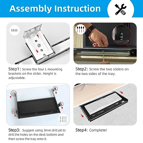 TOOCUST Under Desk Keyboard Tray, 20.3" Wx10.5 D Sturdy Key Board Tray Under Desk Slide with Pen Tray, Desk Extender with Pen Holder,Black