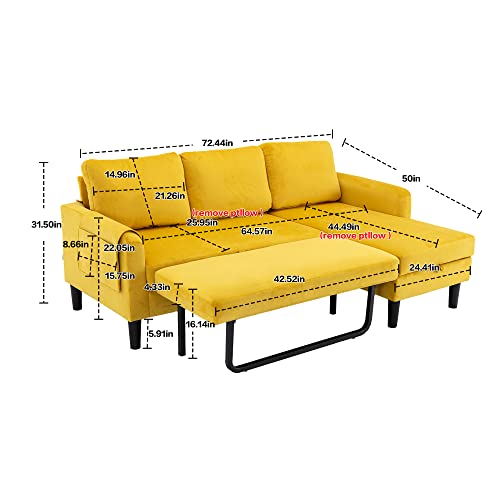 Eafurn Sectional Pull Out Bed, PU Leather Upholstered 3 Seats Sleeper Reversible Chaise Lounge w/Storage, Modern Design 72" L-Shaped Corner Sofa & Couches for Living Room, Mustard