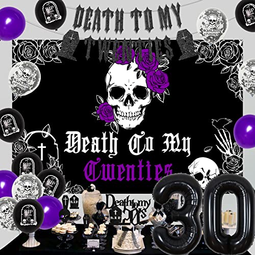 Death to My 20s Dirty 30 Birthday Decorations, Rip to My 20s Birthday Decorations, Black and Purple Balloons, Number 30 Balloon, Death to My 20s Banner Cake Topper Backdrop, Cupcake Toppers