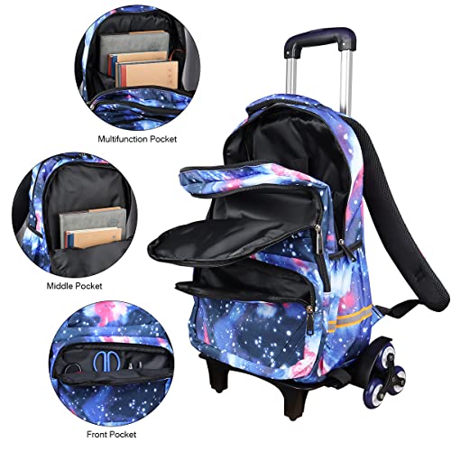 VILINKOU Rolling Backpack with Wheels Trolley Bag Wheeled Backpack for Boy and Girl, Backpack on Wheels for School, Travel (Sky Blue Stars)