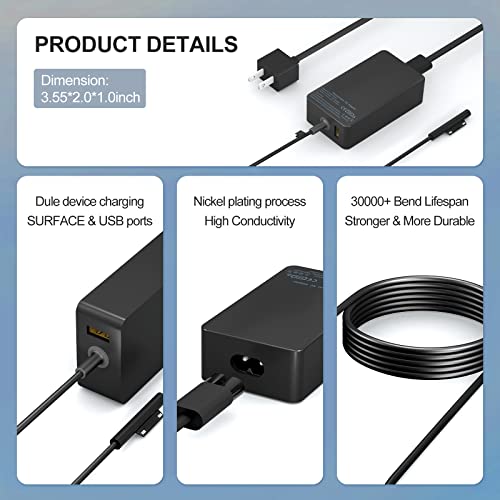 65W Surface Pro Charger-Surface Pro Laptop Charger for Microsoft Surface Book 3, 2, 1,Surface Pro 9, 8, 7+, 7, 6, 5, 4, 3, X,Surface Go Tablet Power Supply Adapter