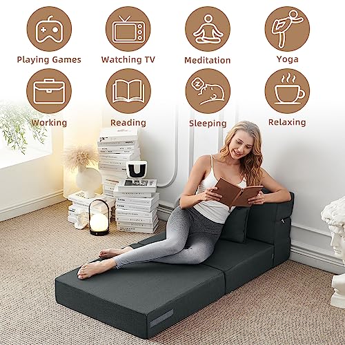 FILUXE Convertible Folding Sofa Bed - Sleeper Chair with Pillow, Modern Linen Fabric Floor & Futon Couch, Foldable Mattress for Living Room/Dorm/Guest Use/Home Office/Apartment, Single Size, Dark Grey