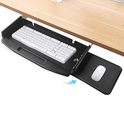 28"Wx10"D Under Desk Mounted Keyboard Tray with Mouse Platform Steel Keyboard Tray Under Desk Slide with Rotational Mouse Platform, Black Keyboard Drawer Desk Extender