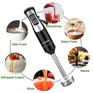 Immersion Blender Handheld, Hand Blender with 500ml Food Chopper, 600ml Container, Milk Frother, Egg Whisk, Puree Infant Food, Smoothies, Sauces and Soups – Black