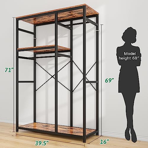 REIBII Free Standing Closet Organizer System,Clothes Racks for Hanging Clothes,Garment Rack Heavy Duty Clothing Rack with Shelves,Portable Closet Rack Load 300LBS,16" D x 39.5" W x 71" H, Black