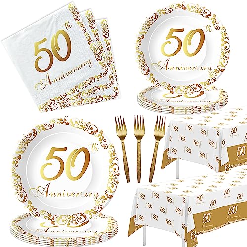 APOWBLS 50th Anniversary Decorations And Supplies Tableware - Golden 50th Wedding Anniversary Decorations, Plate, Napkin, Tablecloth, Fork, 50 Year Anniversary Party Supplies Decorations | Serve 24