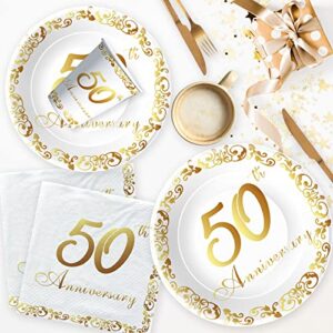 APOWBLS 50th Anniversary Decorations And Supplies Tableware - Golden 50th Wedding Anniversary Decorations, Plate, Napkin, Tablecloth, Fork, 50 Year Anniversary Party Supplies Decorations | Serve 24